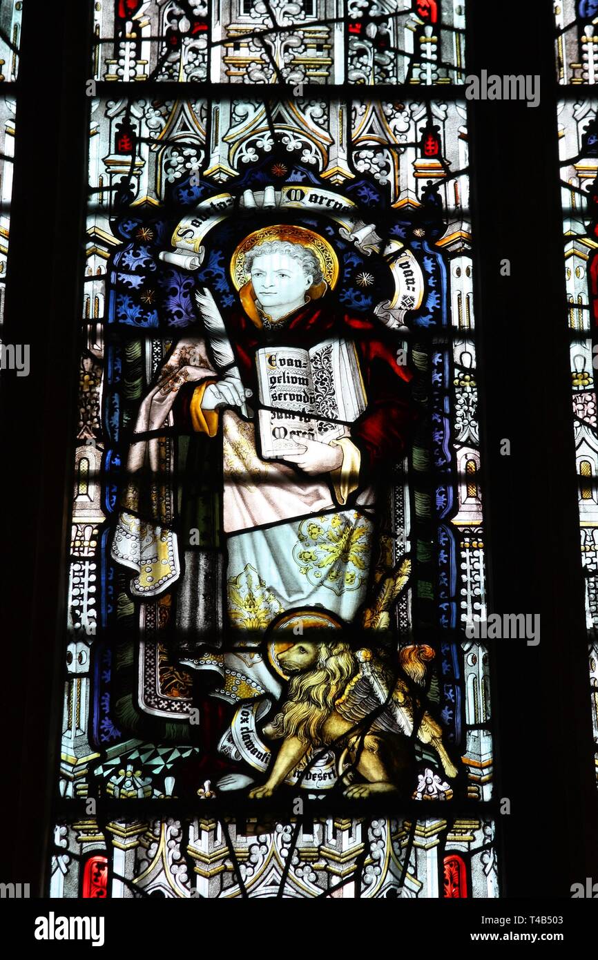 WOLVERHAMPTON, UK - MARCH 10: Stained glass Saint Mark in St Peter's ...