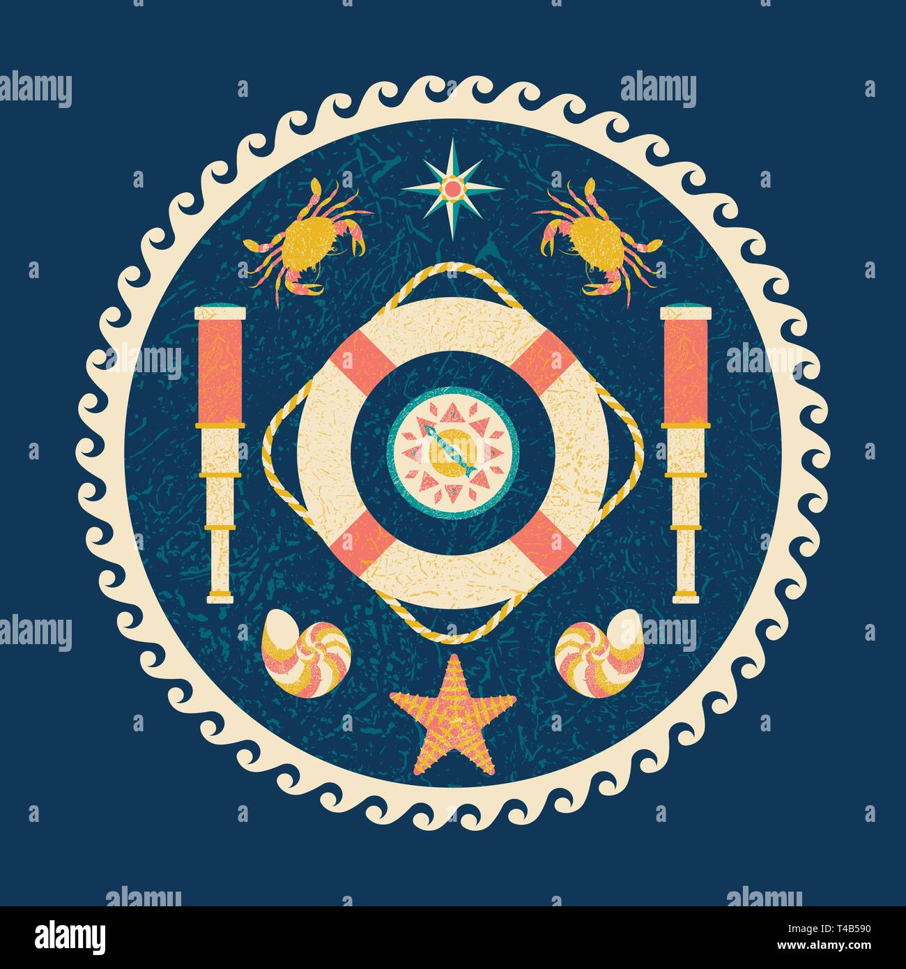 Nautical circle poster. Cartoon style with grunge effects. Compass ...