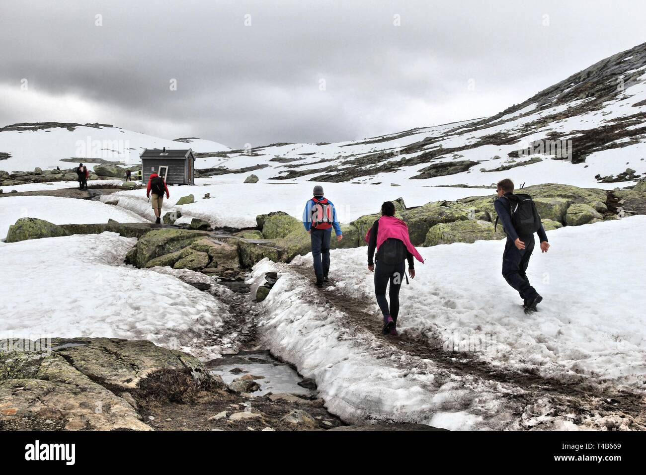 TROLLTUNGA, NORWAY - JULY 16, 2015: People walk the trail to Troll's ...