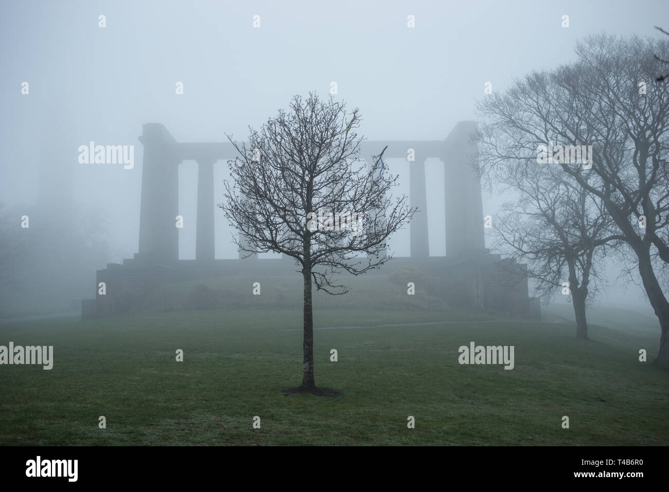 National Monument on Calton Hill, Edinburgh, in foggy weather Stock ...