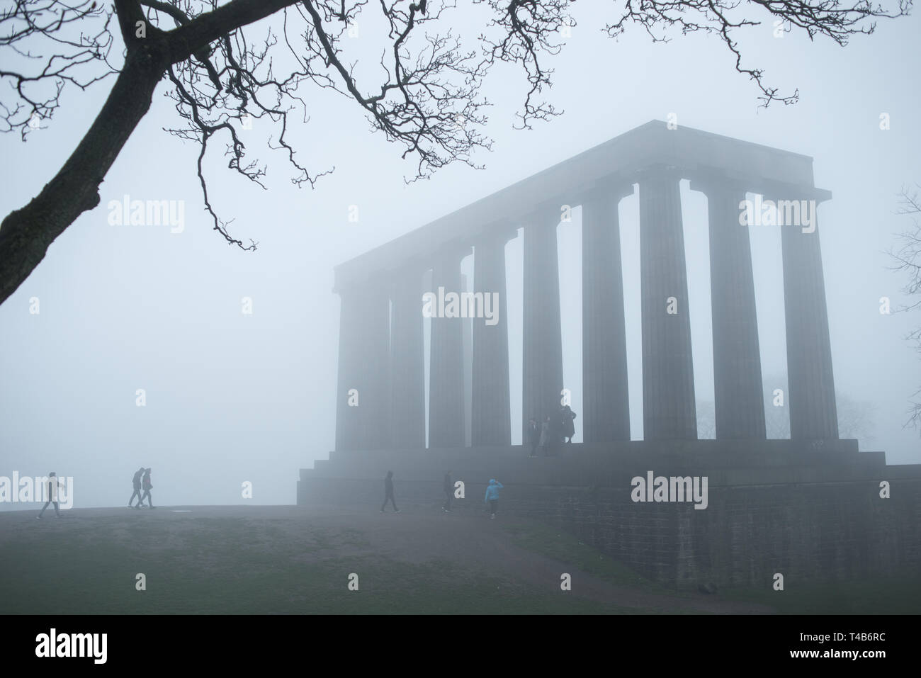 National Monument on Calton Hill, Edinburgh, in foggy weather Stock ...