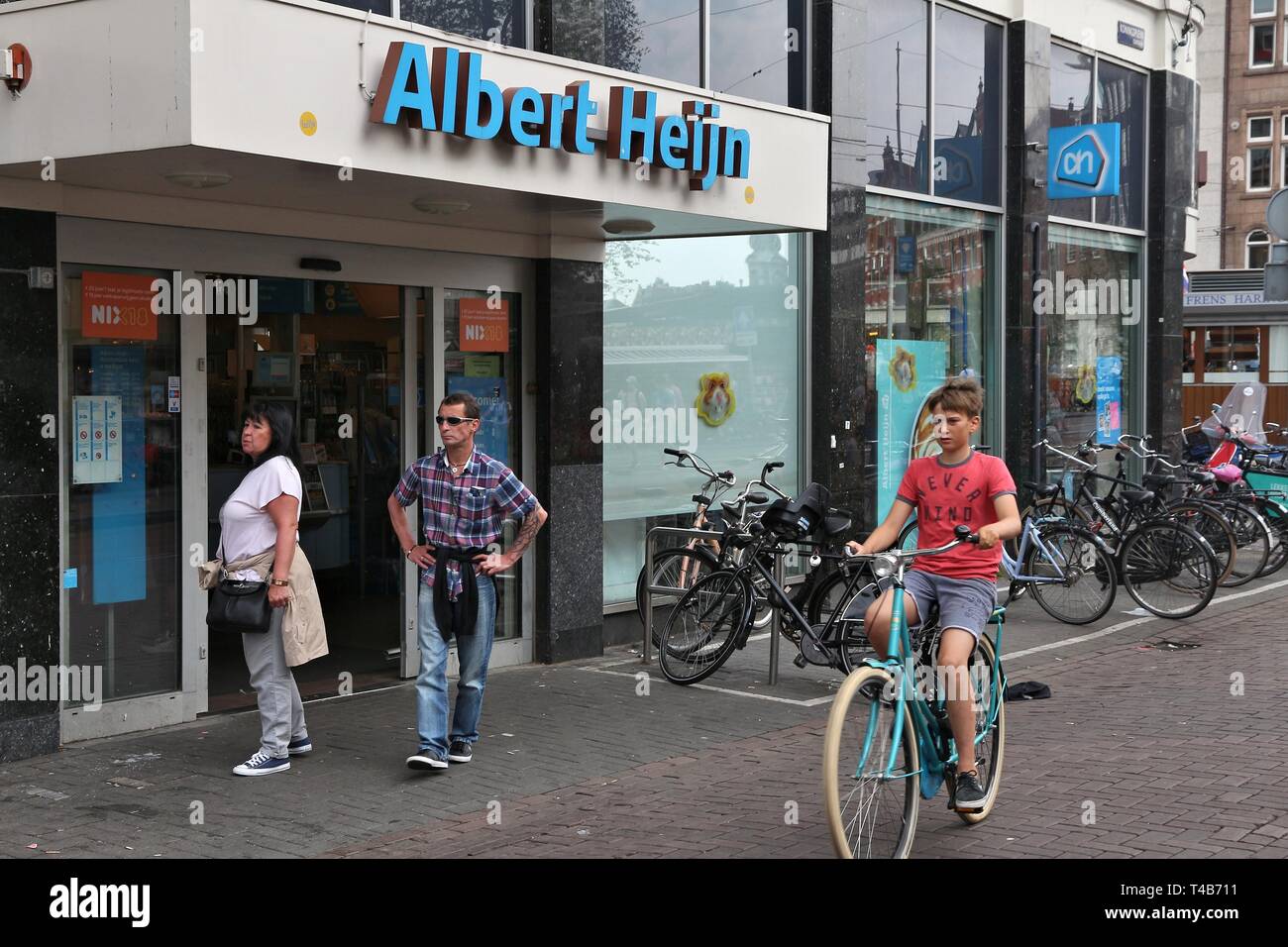 AMSTERDAM, NETHERLANDS - JULY 8, 2017: Customers visit Albert Heijn ...