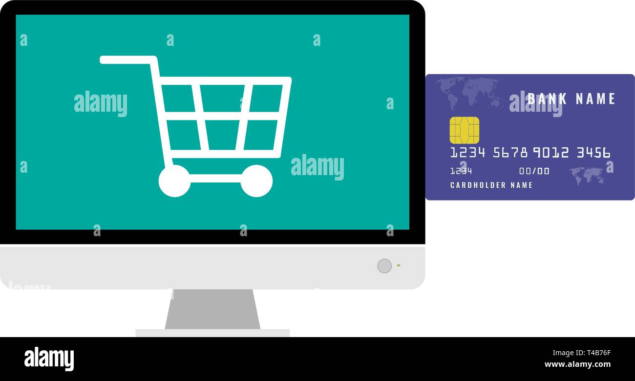 Big monitor, shopping cart and credit card for online shopping concept ...