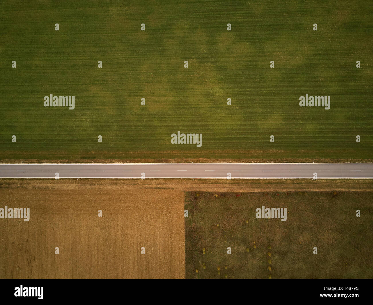 Empty highway in autumn from above through field and meadow Stock Photo ...