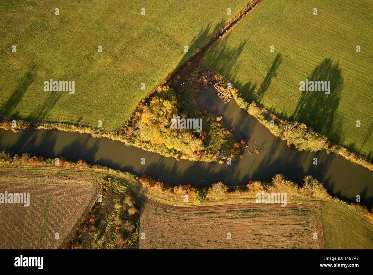 Canal with water through fields in autumn Stock Photo - Alamy