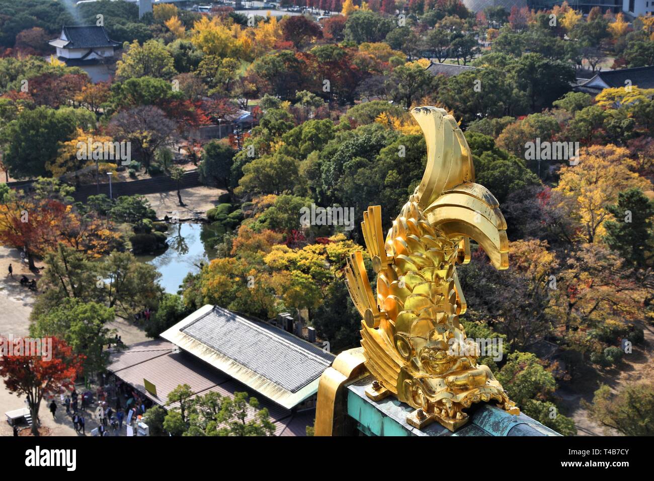 Osaka Castle - landmark of Japan. Gold fish sculpture Stock Photo - Alamy