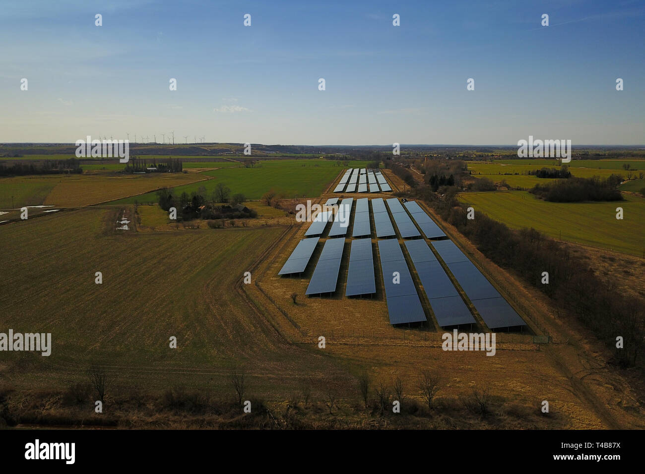 Solar system with many solar cells from above as a solar energy concept ...