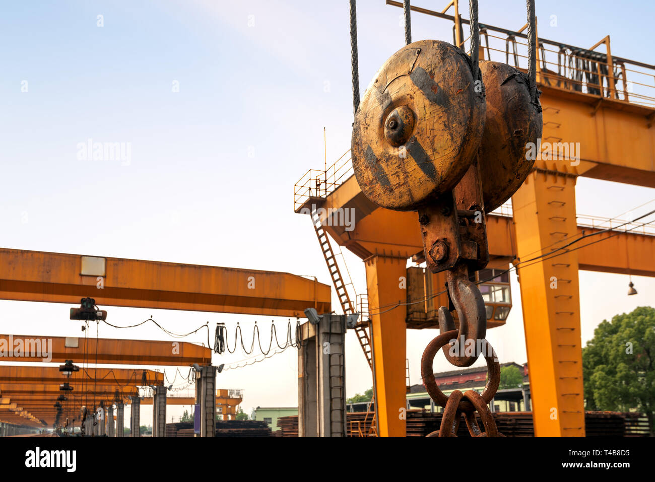 Pier bridge crane and cargo handling, cargo trains transported away ...