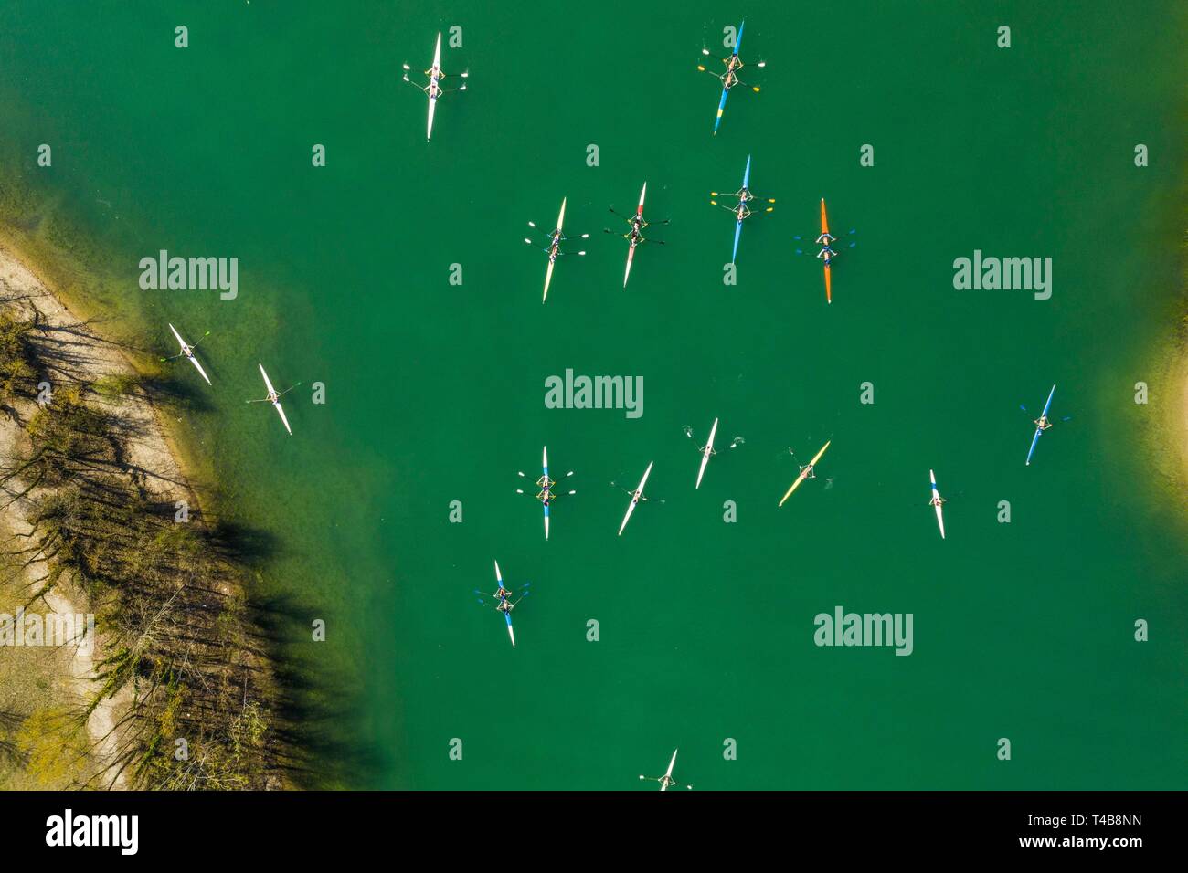 Water sport, kayakers preparing for race. Water sport, panoramic aerial ...