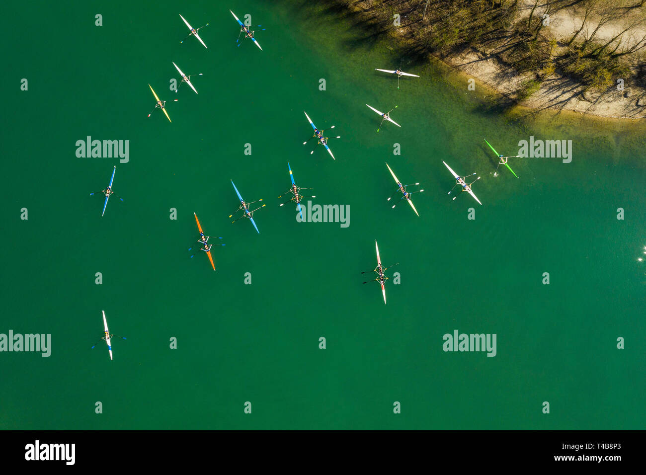Water sport, kayakers preparing for race. Water sport, panoramic aerial ...