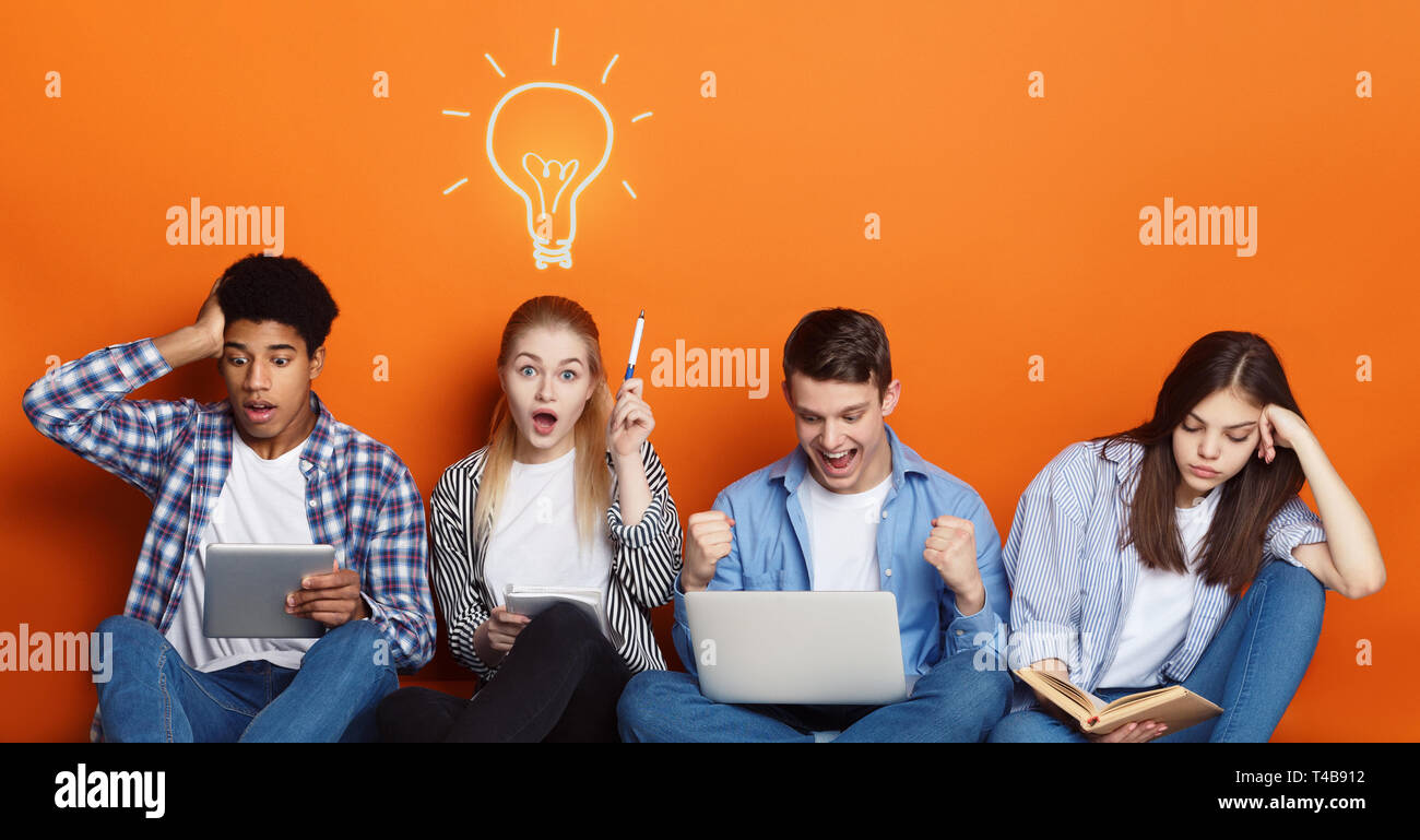 Genius. Students preparing for exams over studio background Stock Photo ...