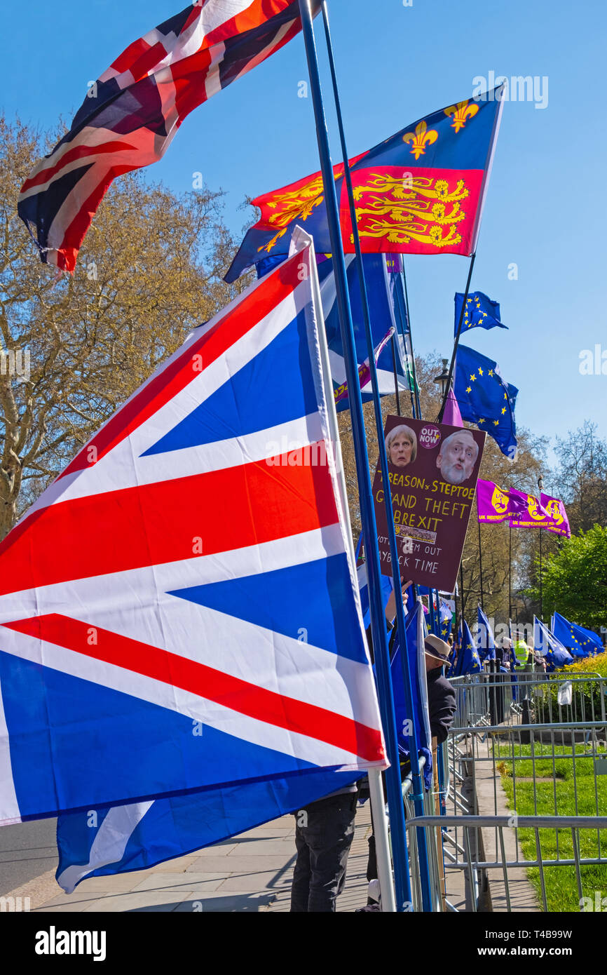 London, England – April 10, 2019: The flags of rival factions lining ...