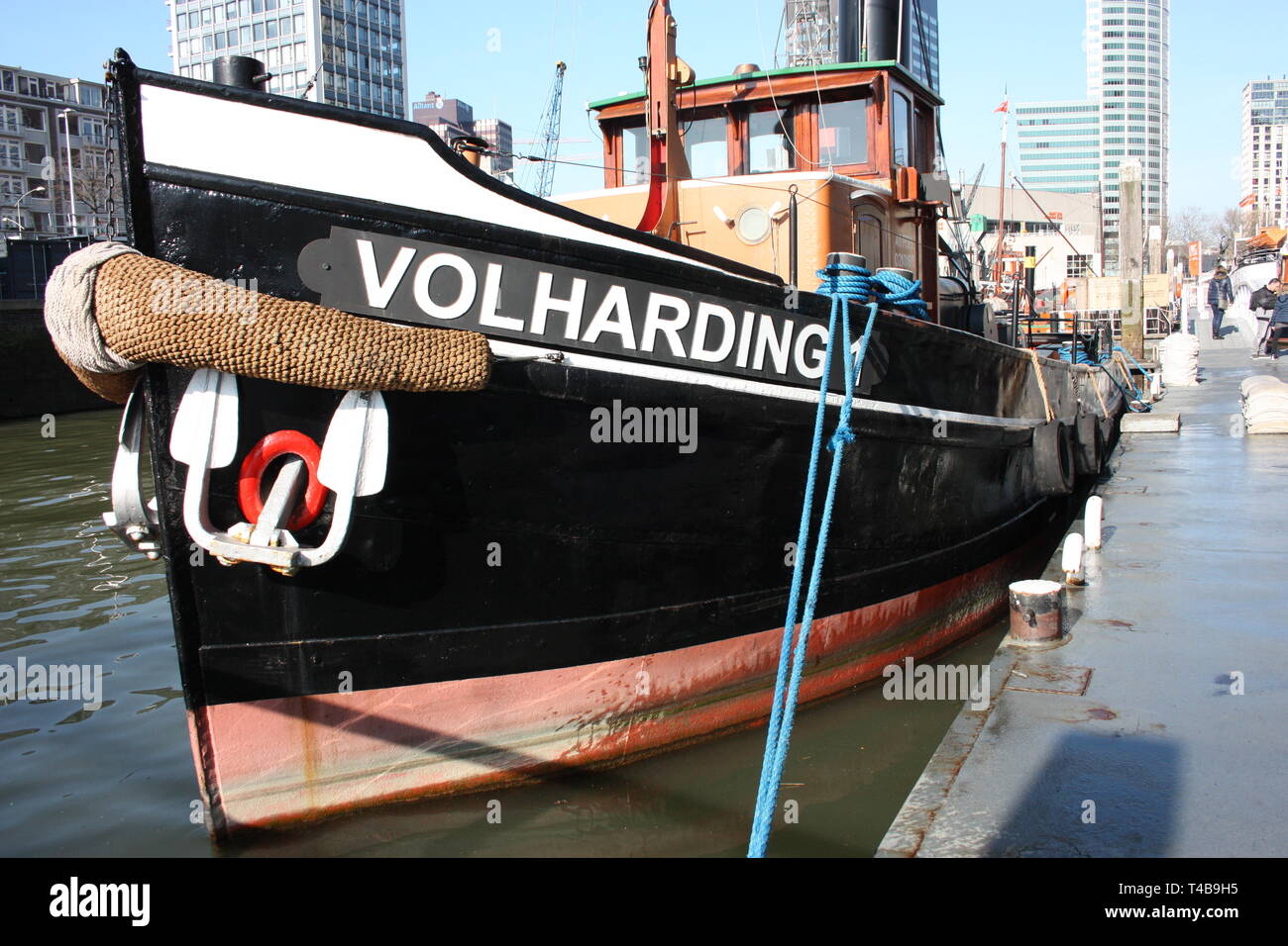 Close-up of a beautiful merchant ship moored at the port of Rotterdam ...