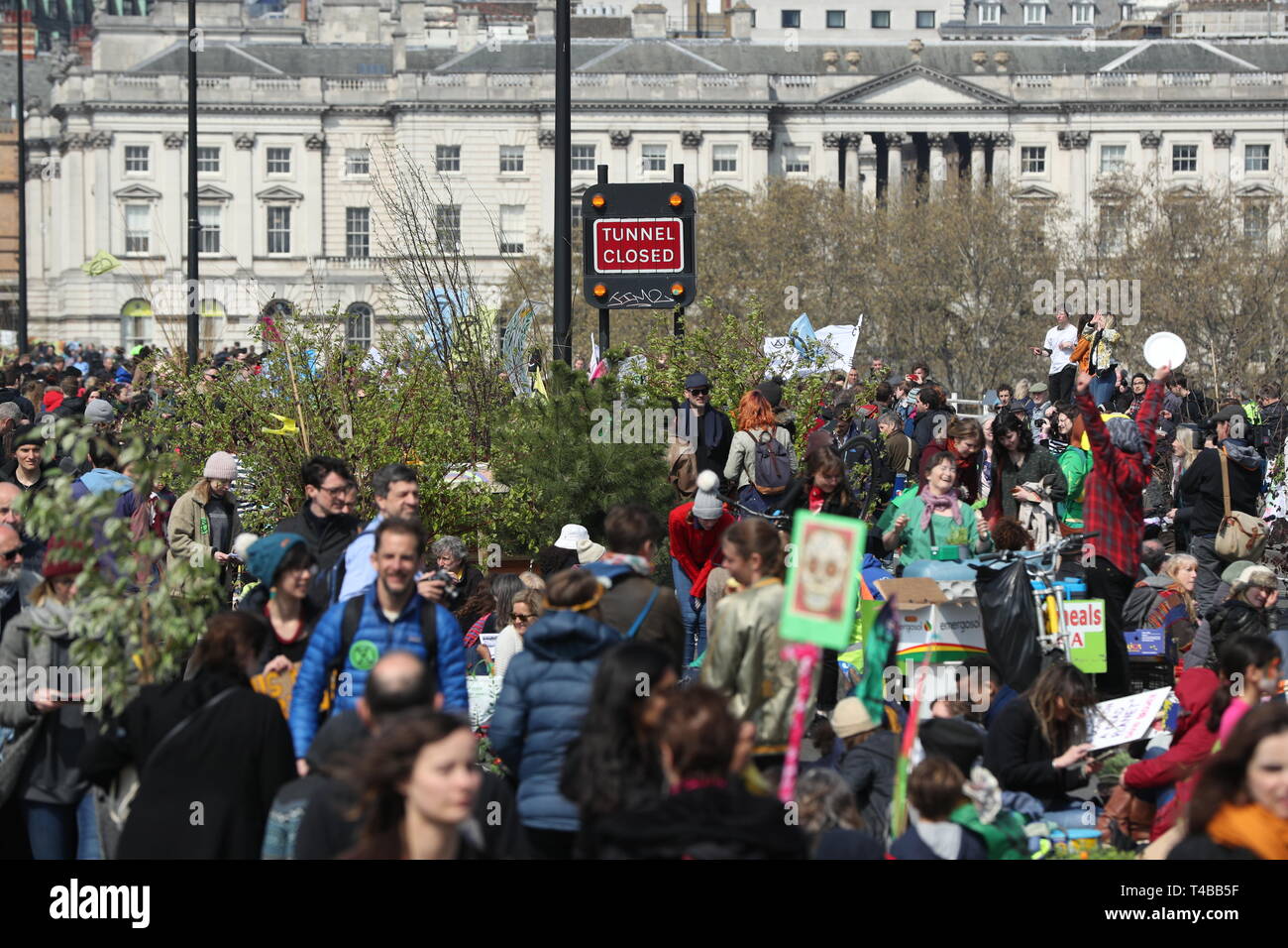 Demonstrators during a Extinction Rebellion protest on Waterloo Bridge ...