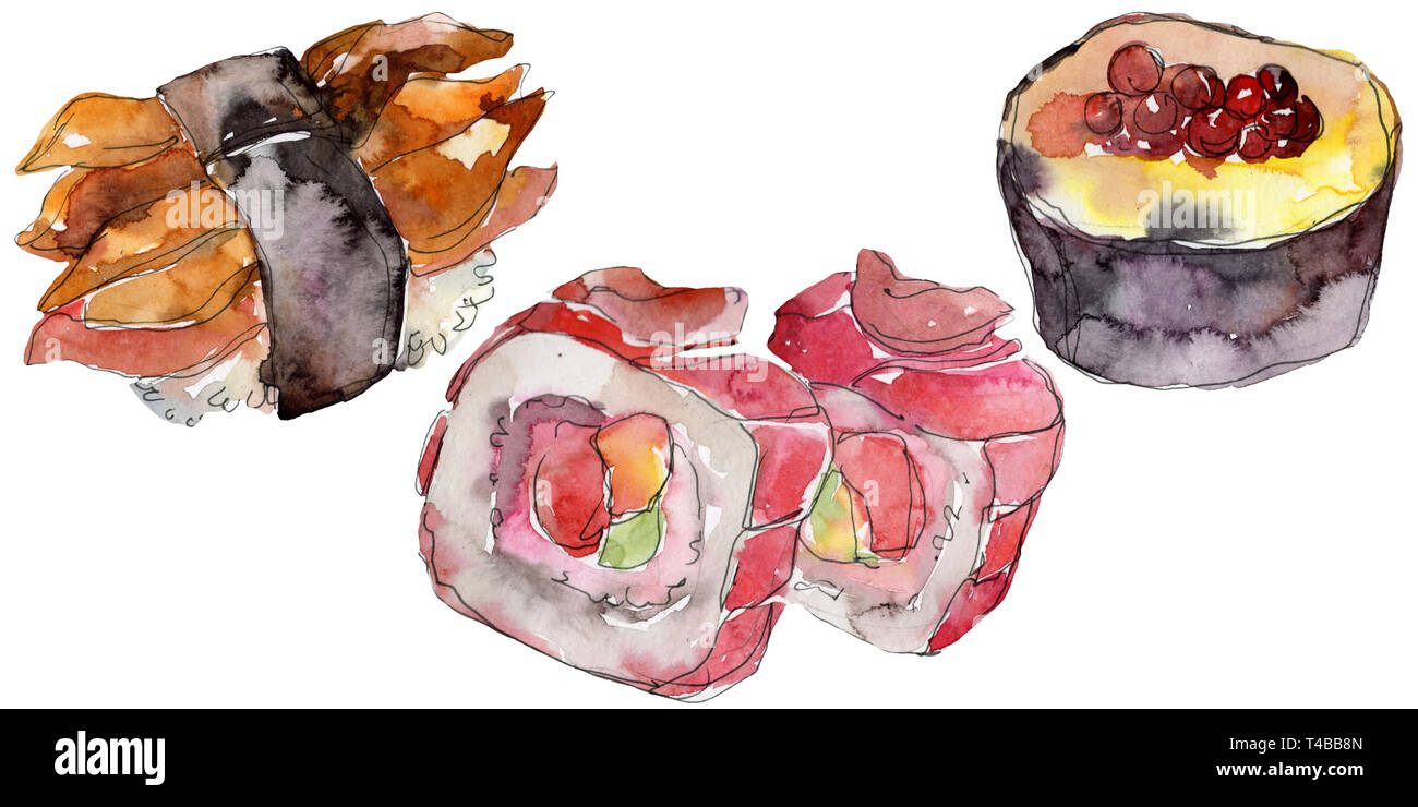 Watercolor sushi set of beautiful tasty japanese food illustration ...