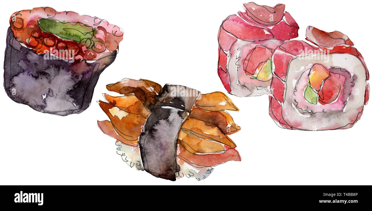 Watercolor sushi set of beautiful tasty japanese food illustration ...