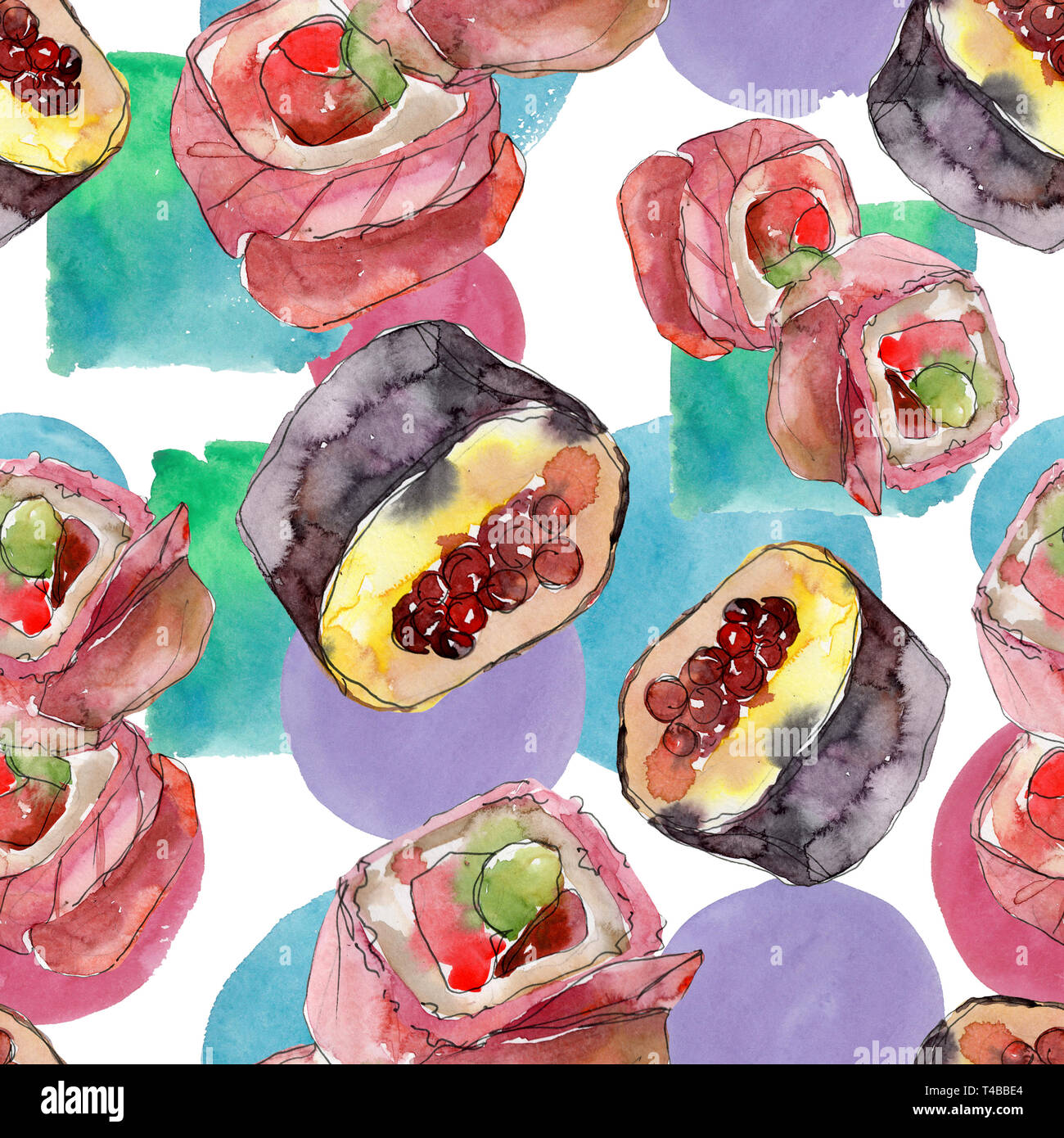 Watercolor sushi set of beautiful tasty japanese food illustration ...