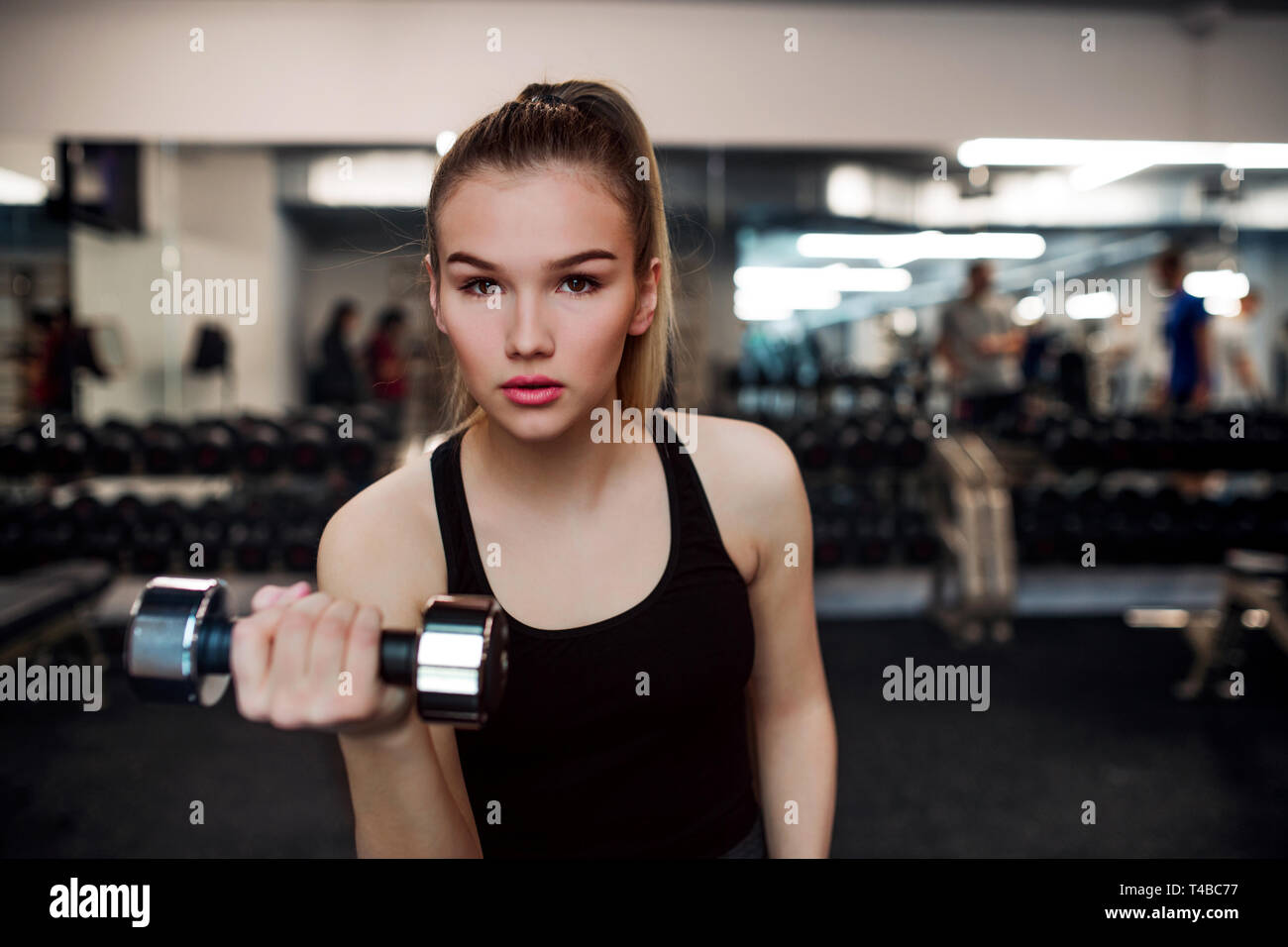 Young girl or woman with dumbbells, doing workout in a gym Stock Photo ...
