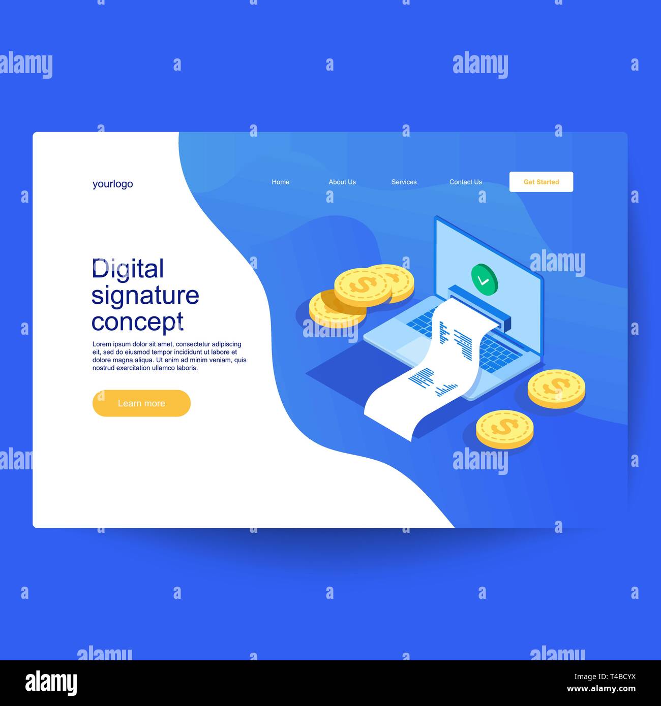 Concept of digital signature, verified document in isometric style. Can ...