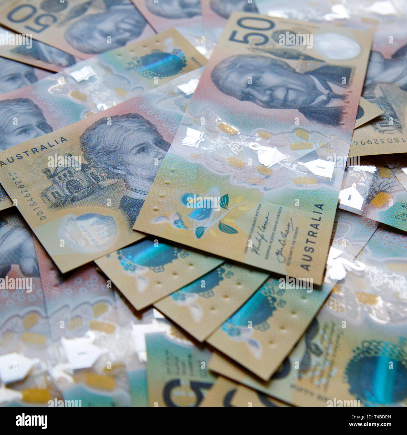 Australian fifty dollar banknotes. The new 2019 issue bill is designed ...