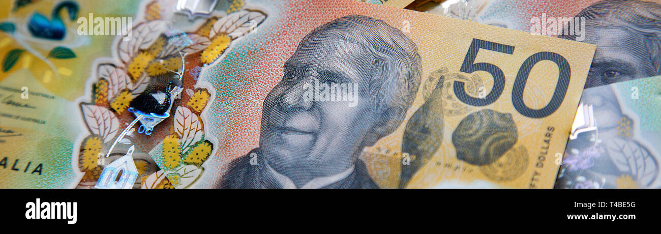 Australian fifty dollar banknotes. The new 2019 issue bill is designed ...