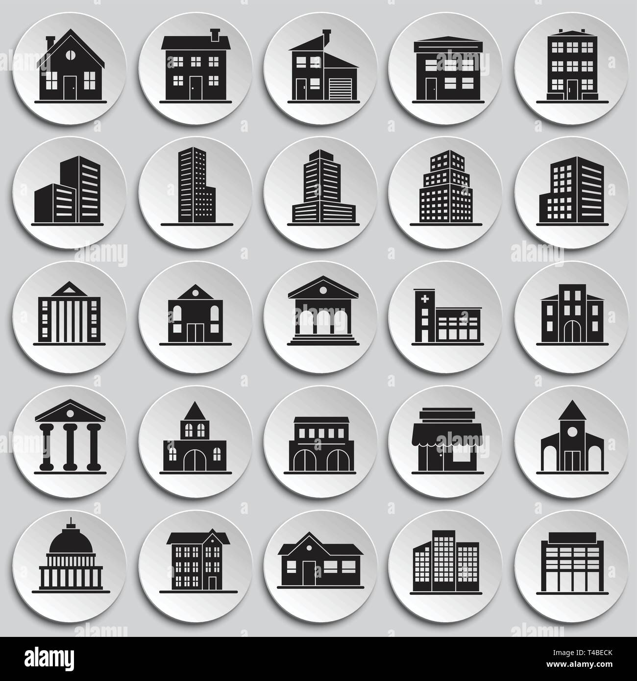Buildings icons set on plates background for graphic and web design ...
