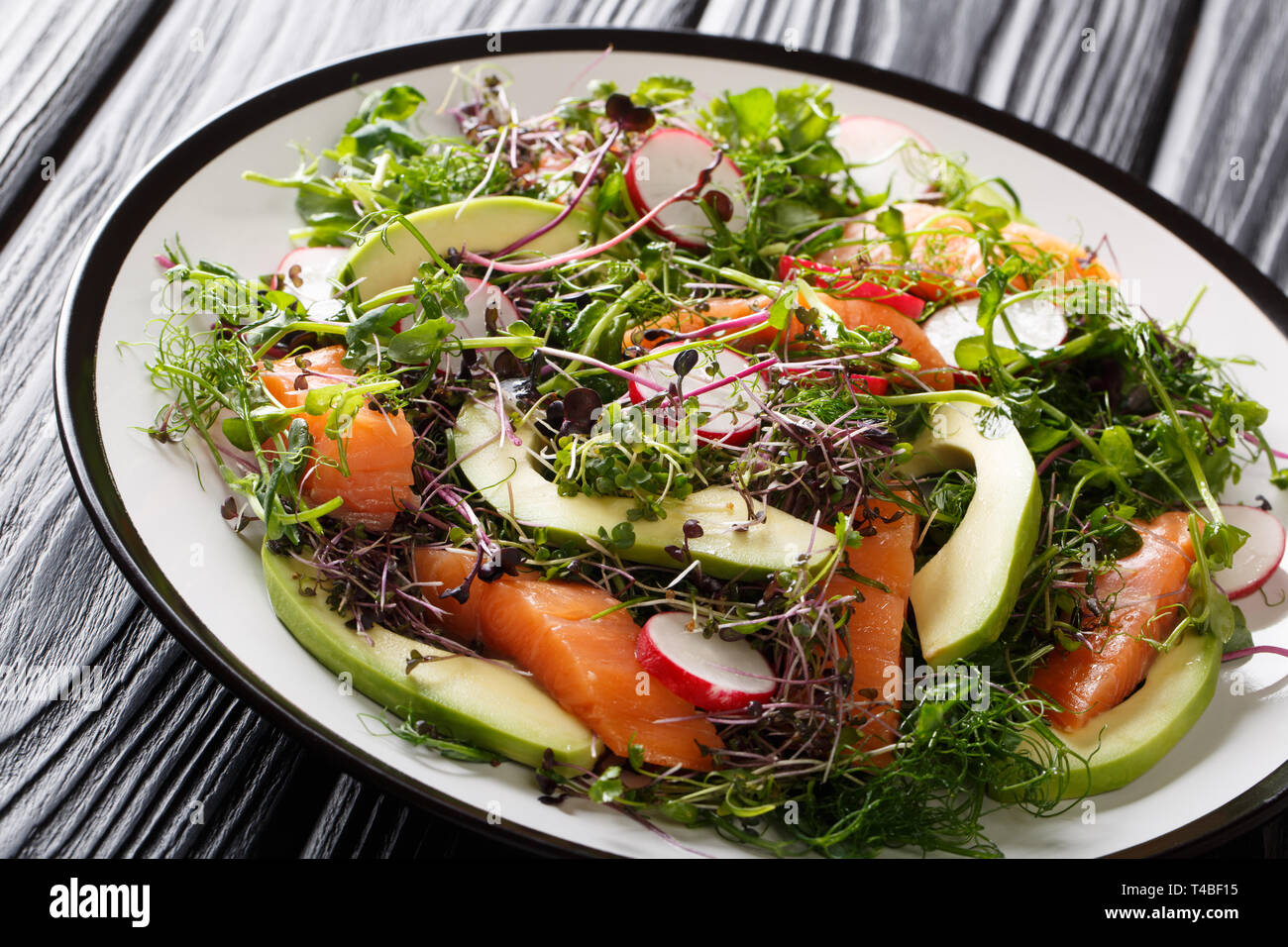 Dietary spring salad of red fish, avocado, radish and mix micro green ...