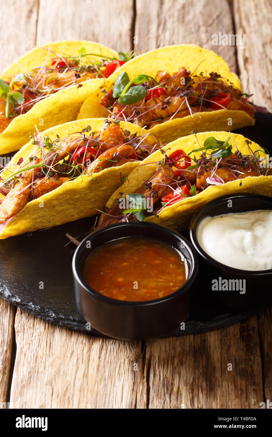 Corn tacos filled with glazed chicken, microgreen and vegetables served ...