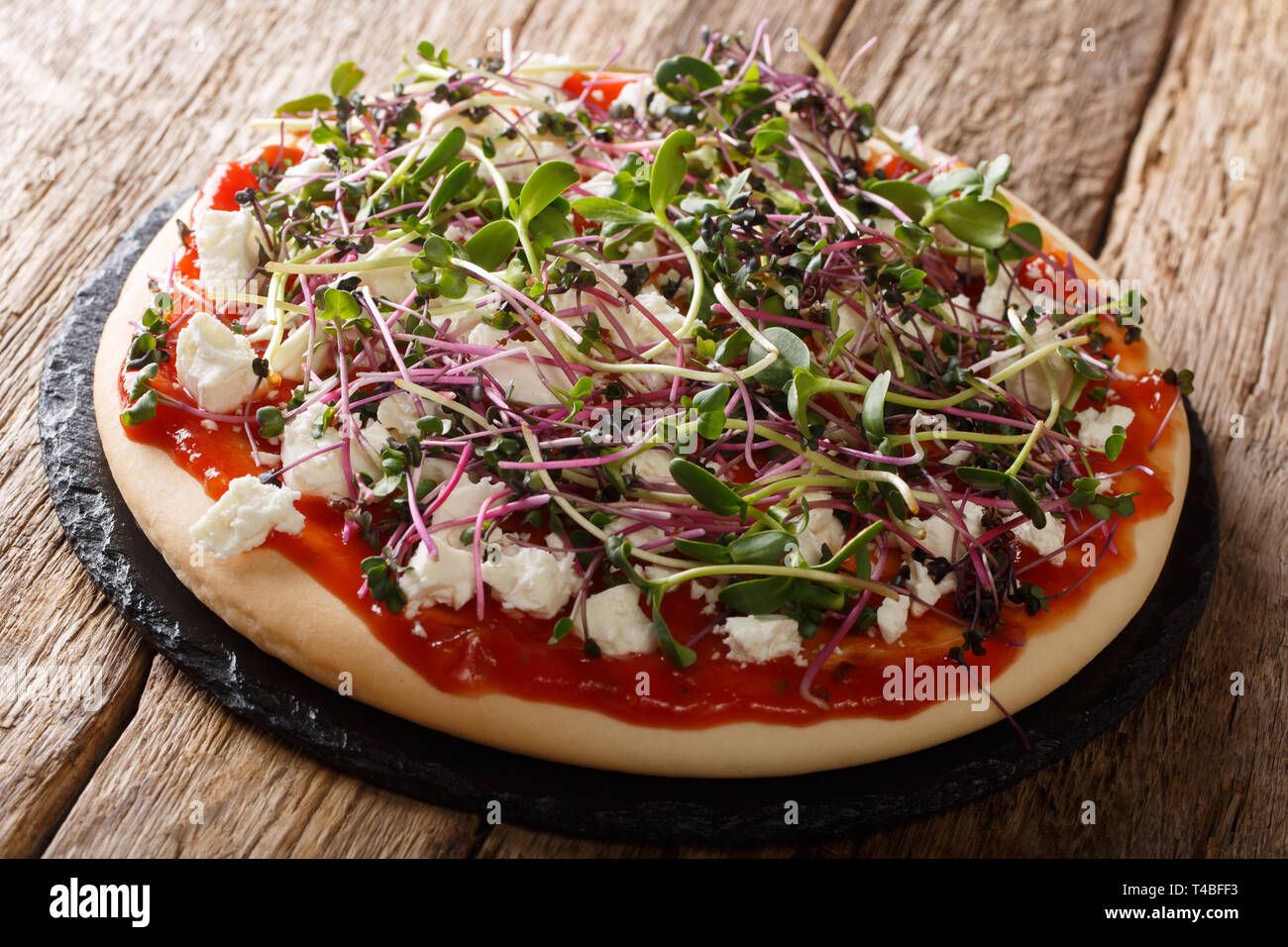 Fitness pizza with cheese and fresh mix micro green close-up on the ...