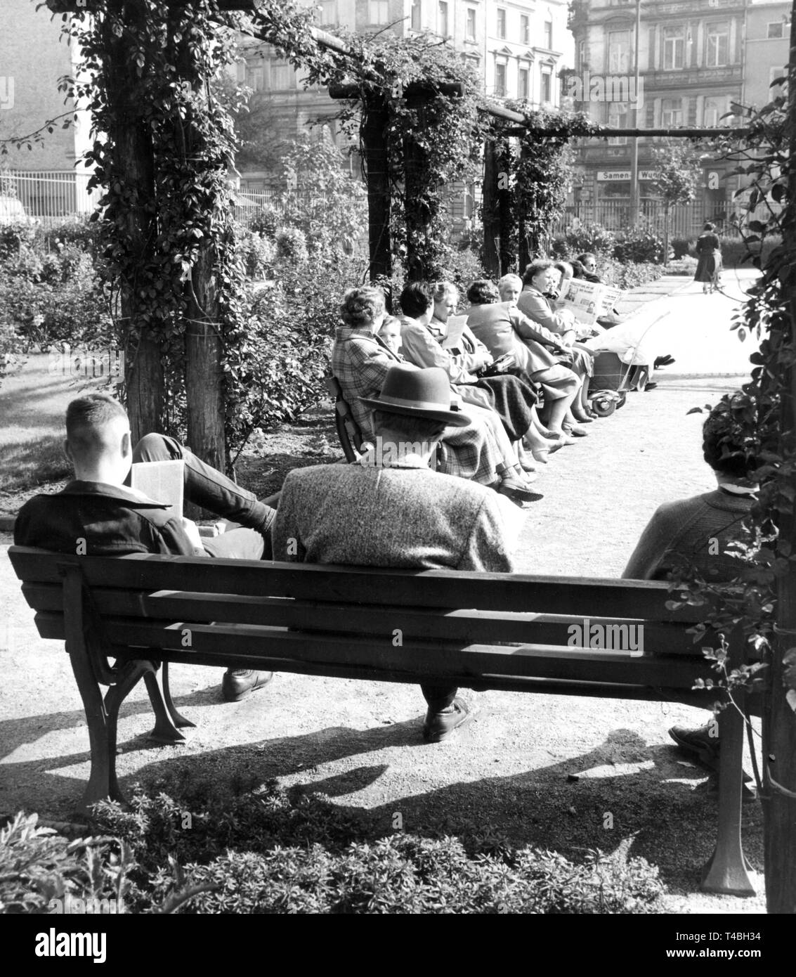 People enjoy the autumn sun on 16 October 1957 in a German city ...