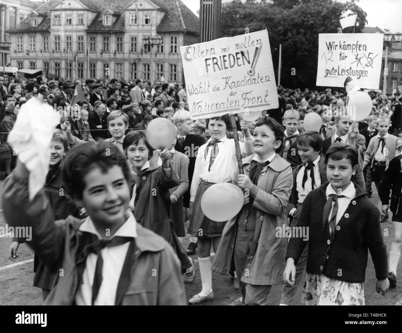 Young pioneers and pupils pictured during a rally in Schwerin, GDR, 22 ...