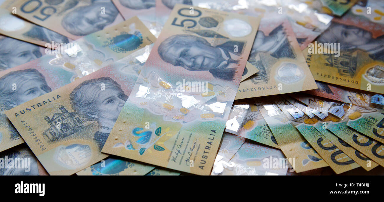 Australian fifty dollar banknotes. The new 2019 issue bill is designed ...