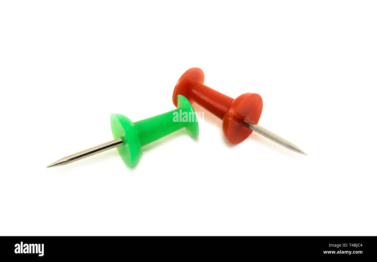 Red and green thumbtacks closeup isolated on white Stock Photo - Alamy