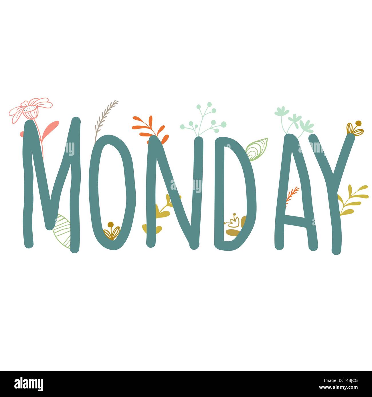 Hand drawn card in scandinavian style. Day of the week Monday with ...