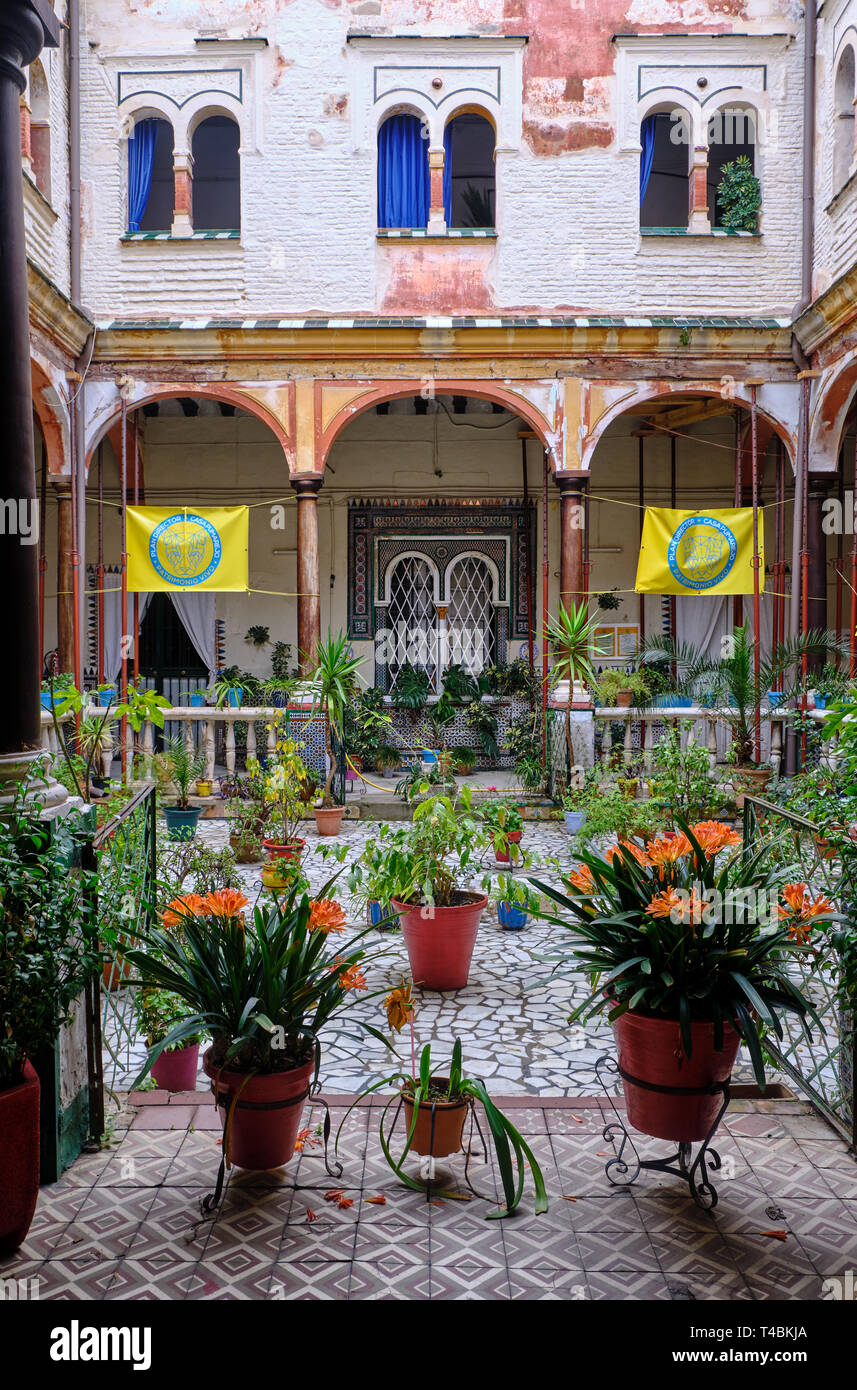 April 2019 - Seville neighborhood courtyard with columns, garden plants ...