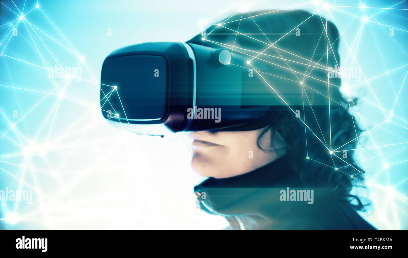 Virtual reality vr glasses and girl, dots chaos triangle lines ...