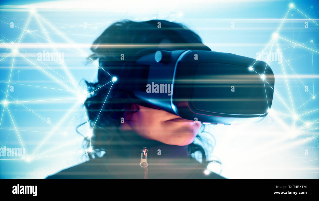 Virtual reality technology tech background dots, girl interacting ...