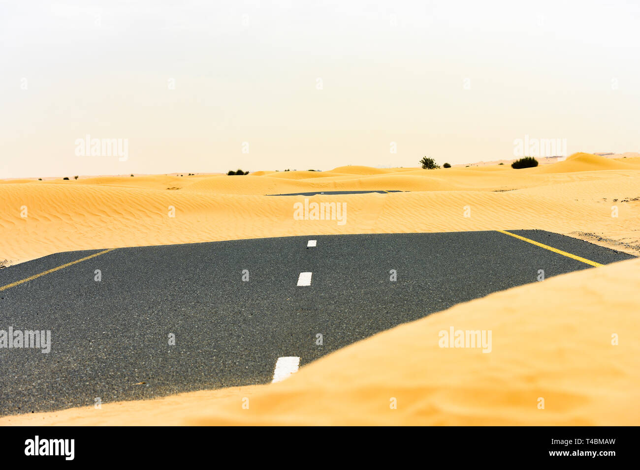 (Selective focus) Stunning view of a deserted road covered by sand ...