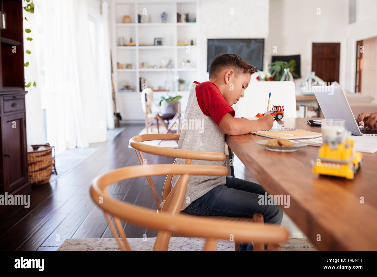 Pre-teen boy doing homework sitting at table in the dining room, side ...