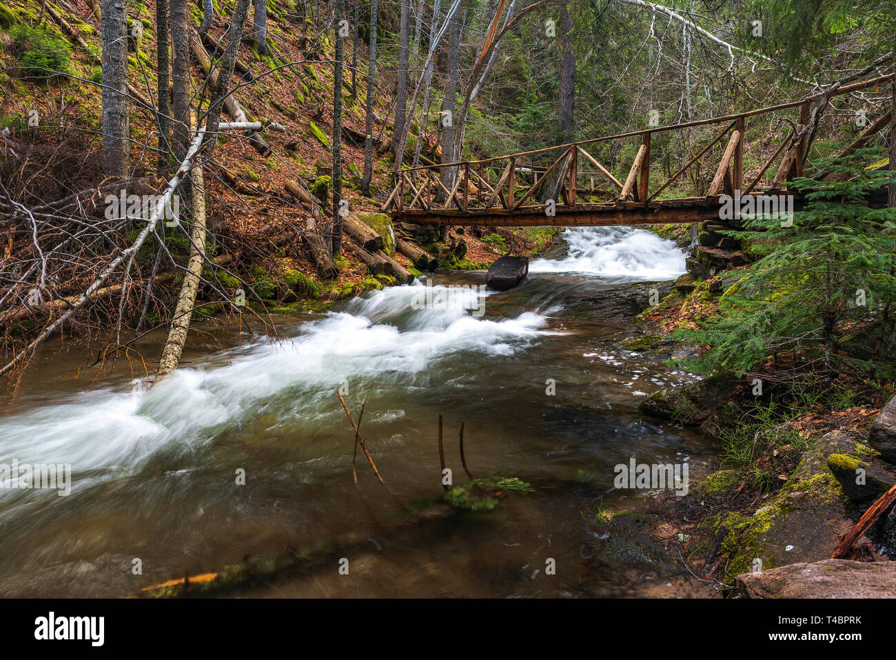 Mountain river under wooden bridge. Beautiful scenery from spring ...