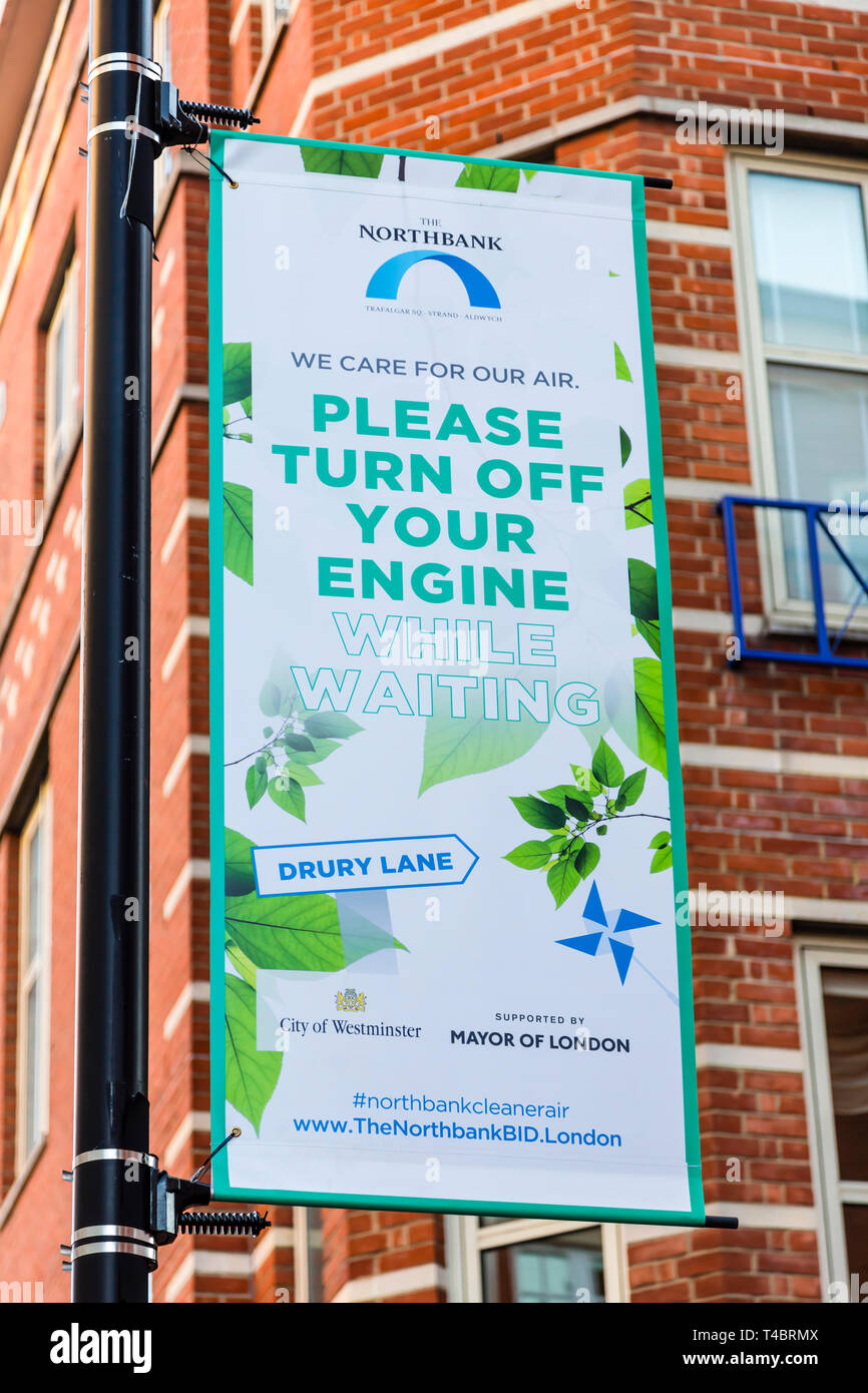 A sign asking vehicle drivers to switch off their engine while waiting ...