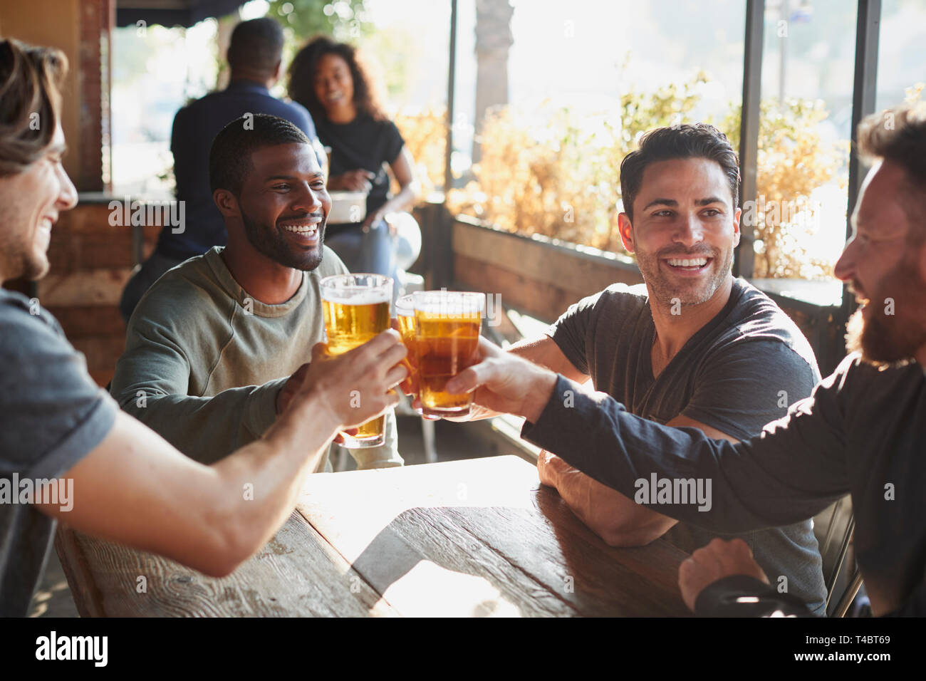Group Of Male Friends Meeting In Sports Bar Making Toast Together Stock ...