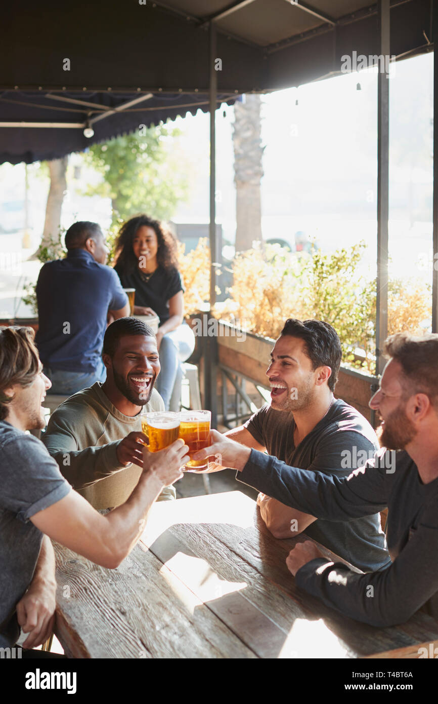 Group Of Male Friends Meeting In Sports Bar Making Toast Together Stock ...