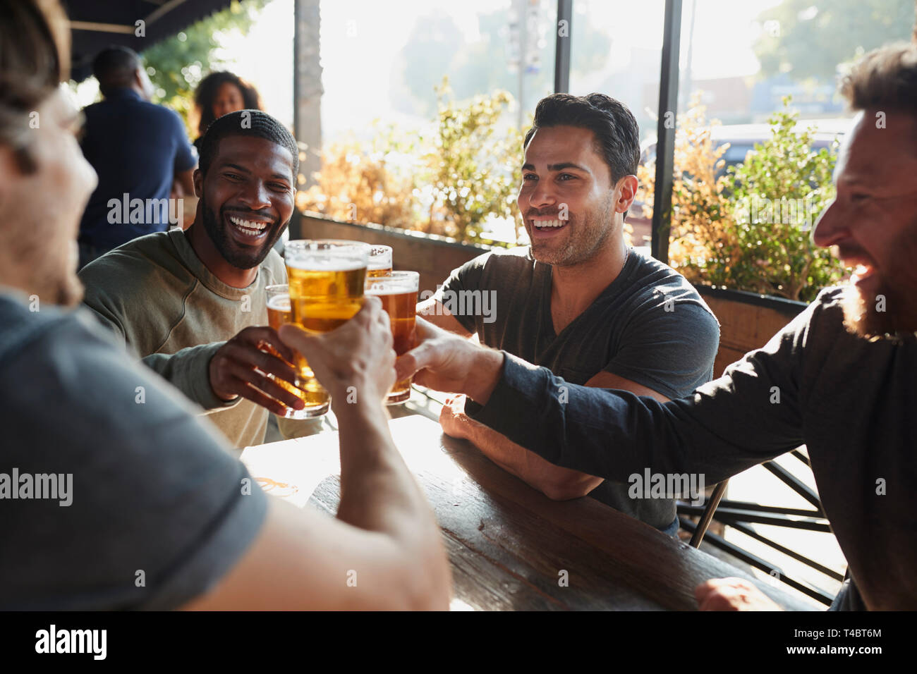 Group Of Male Friends Meeting In Sports Bar Making Toast Together Stock ...
