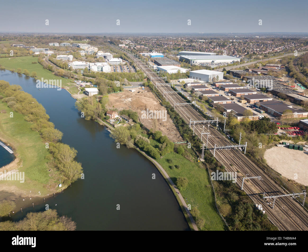 Aerial shot of River Thames and railway going into Reading Stock Photo ...