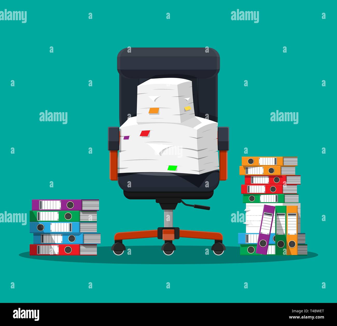 Pile of paper documents and file folders, office chair. Pile of papers ...