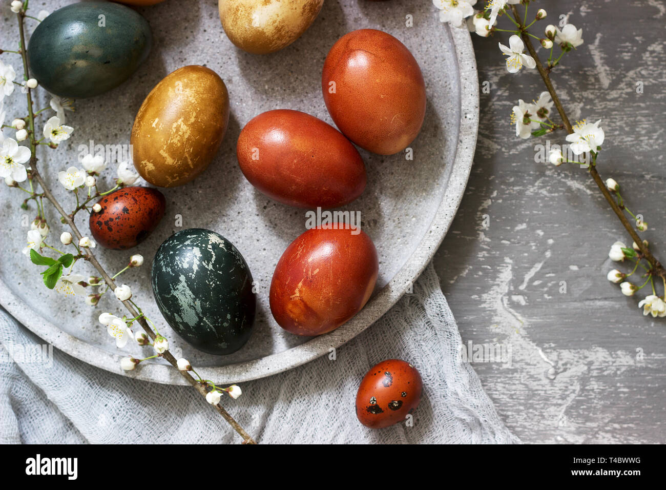 Easter eggs dyed with natural dyes, cabbage, chamomile, hibiscus and ...