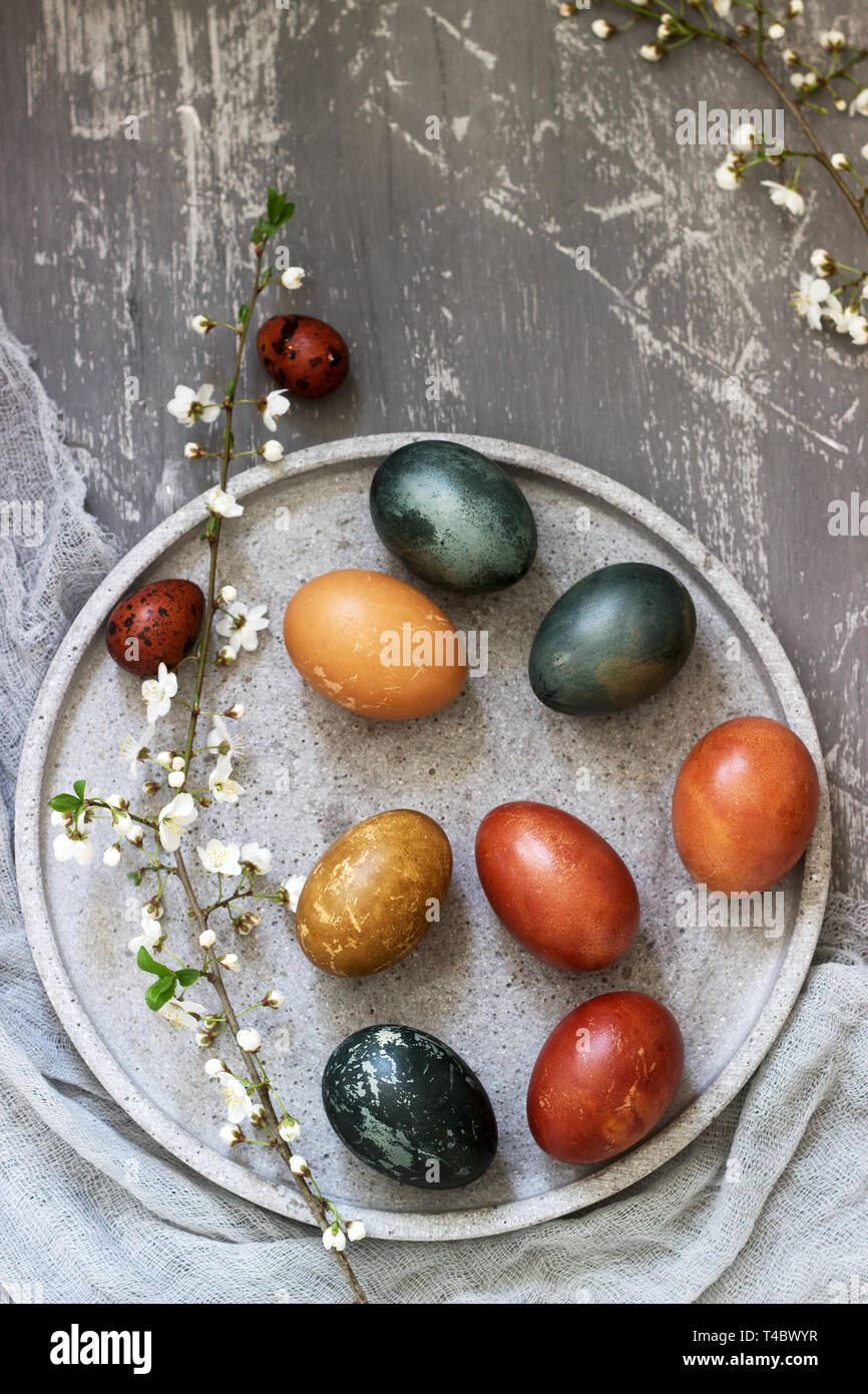 Easter eggs dyed with natural dyes, cabbage, chamomile, hibiscus and ...