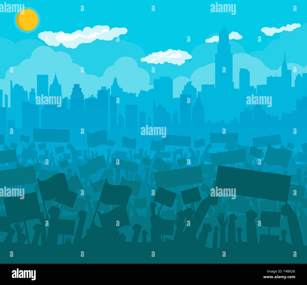 Silhouette of cheering or protesting crowd with flags and banners ...