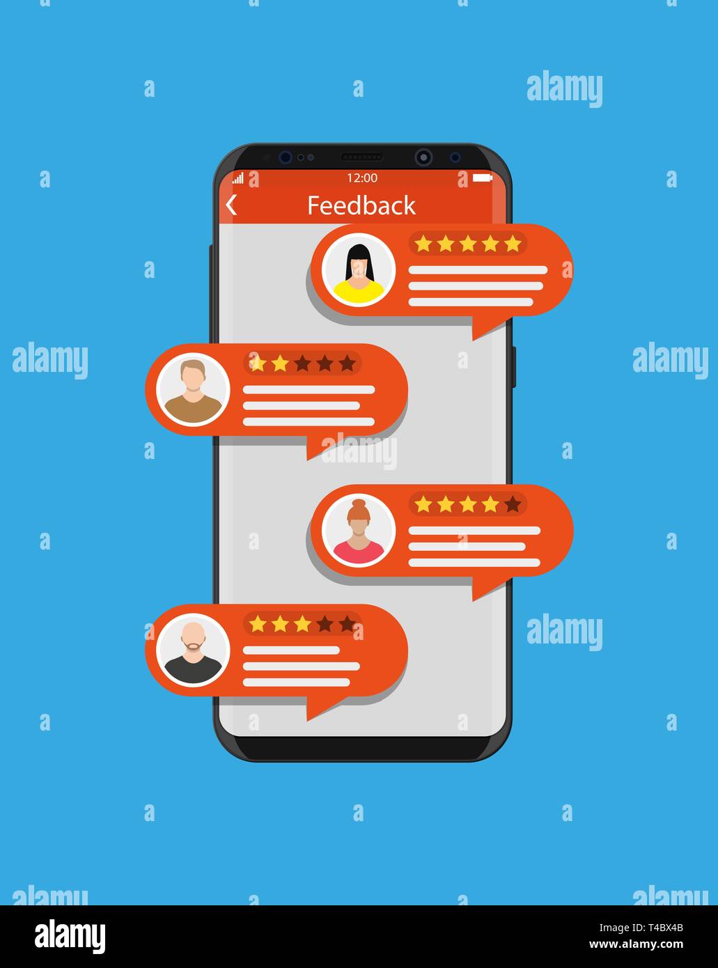 Smartphone with rating app. Bubble speeches and avatars. Reviews five ...